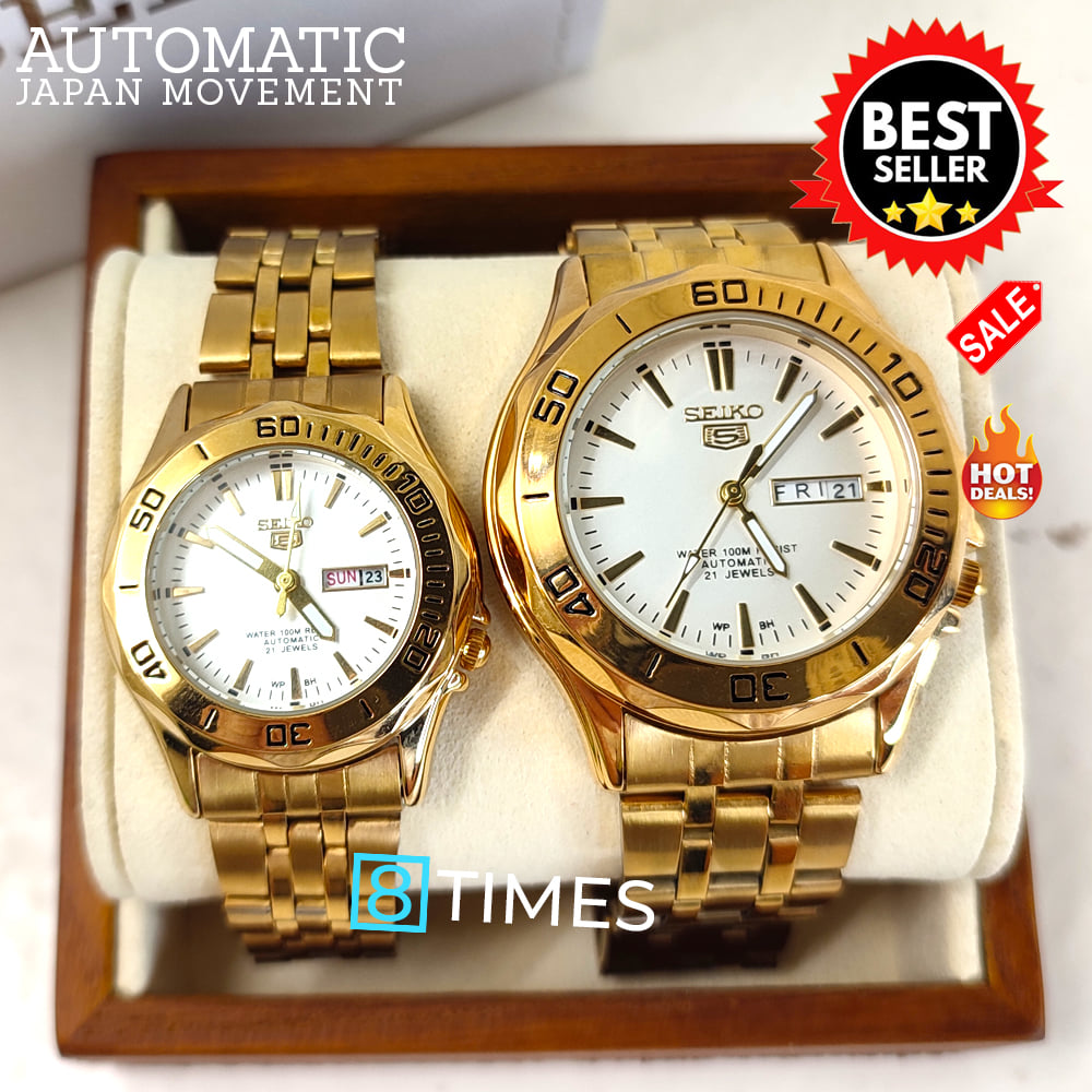 Seiko 5 21 Jewels Gold White Dial With Date Automatic Couple Watch ...