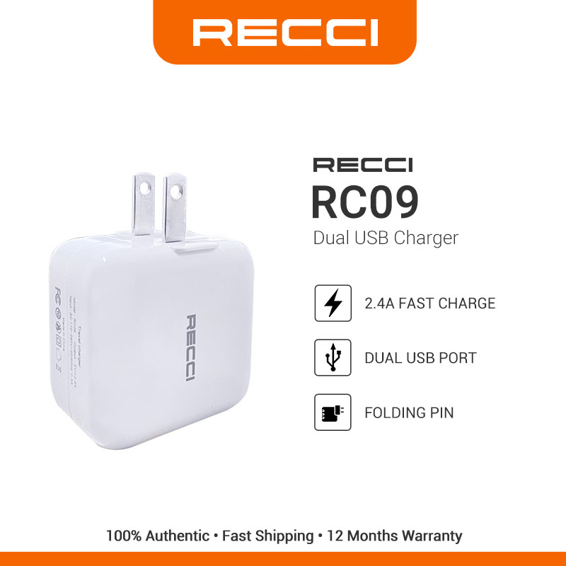 Recci RC09 2.4A Max Fast Charging, Dual USB Charger Travel Overvoltage Protection, electrostatic ...