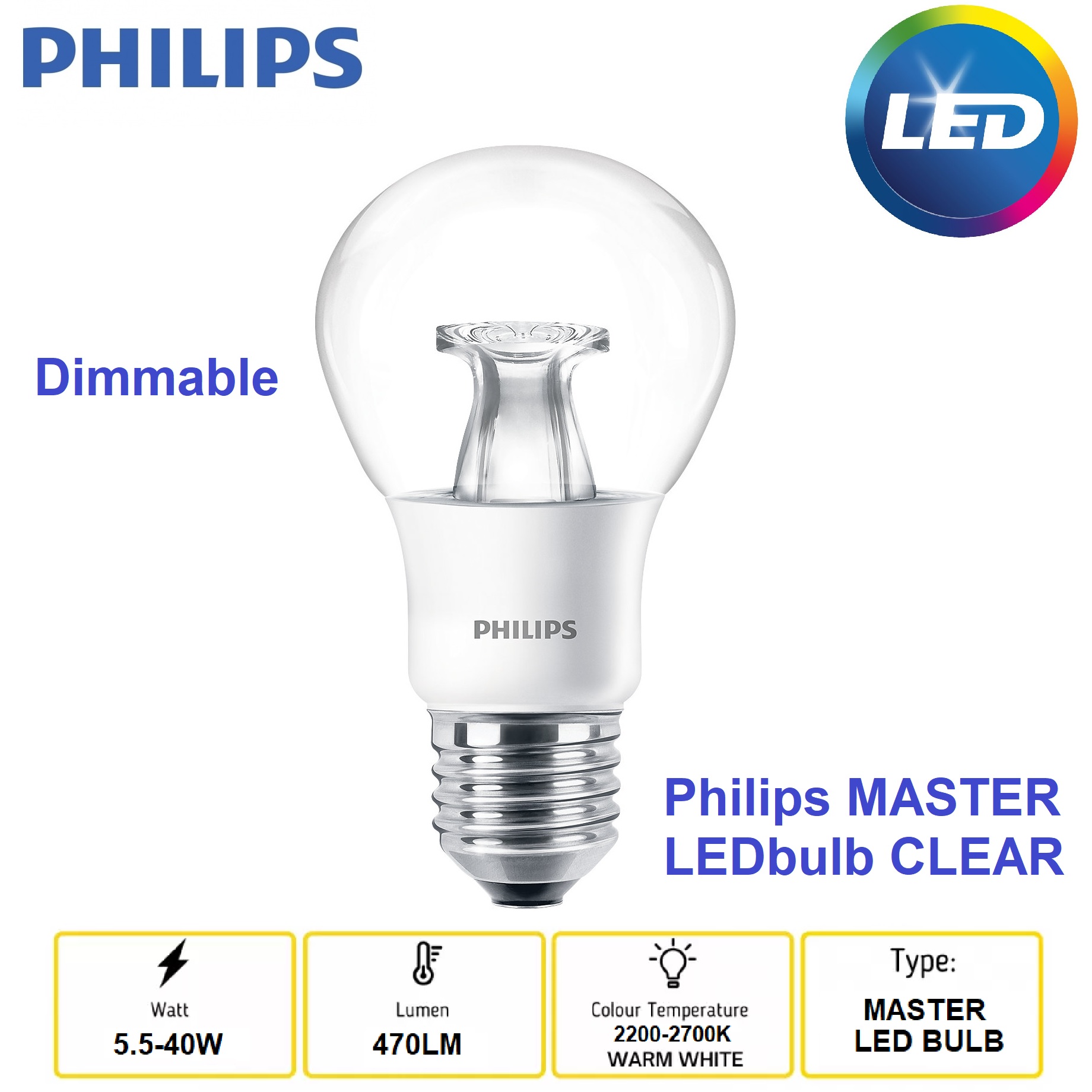 Philips Master LED bulb DT 5.5W-40W E27 A60 CL LEDbulb Warm White Dimmable Clear | Lazada PH