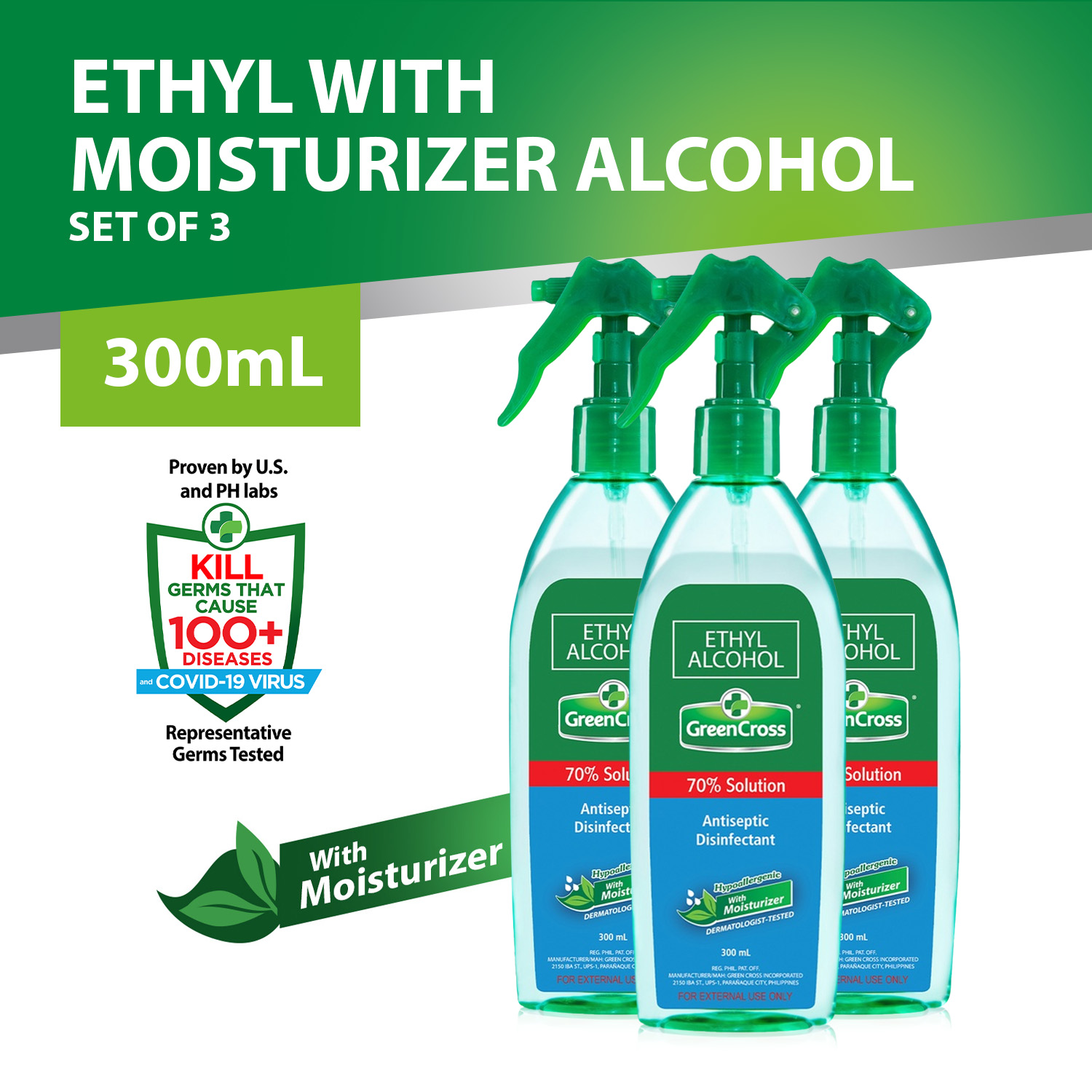 Green Cross Ethyl Alcohol with Moisturizer 70% Solution (300 mL) x3 ...