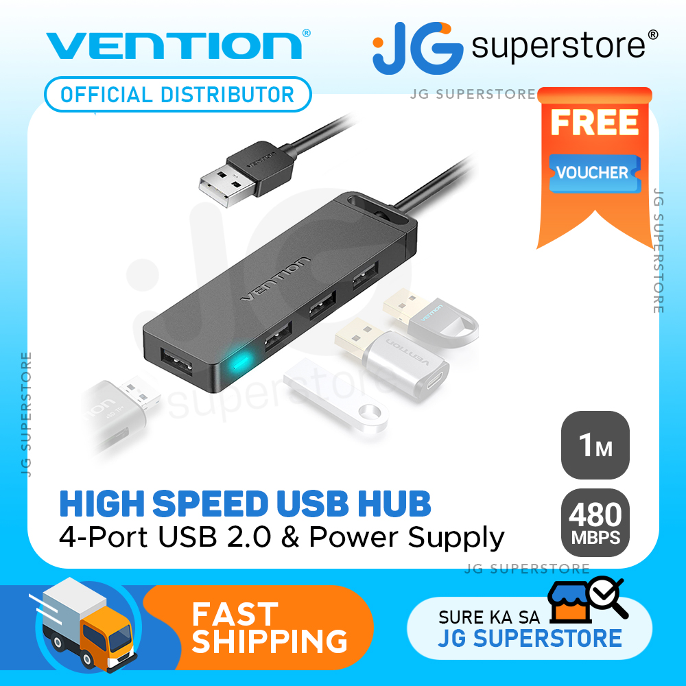Vention High Speed 4-Port USB 2.0 Nickel Plated Hub With Power Supply 480Mbps Transfer Rate and ...