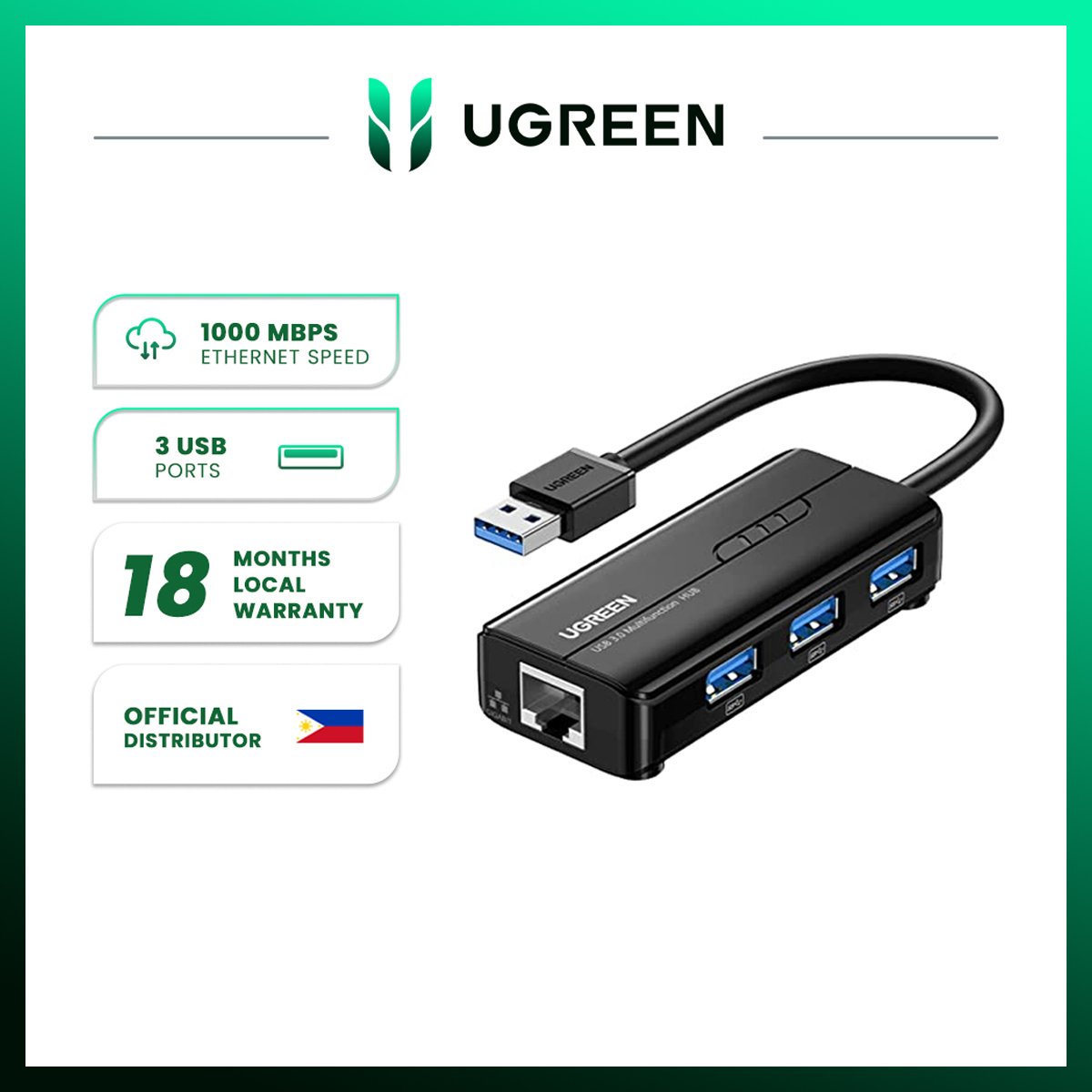 UGREEN USB 3.0 Hub with Gigabit Ethernet Adapter / USB-C to 3× USB3.0 ...
