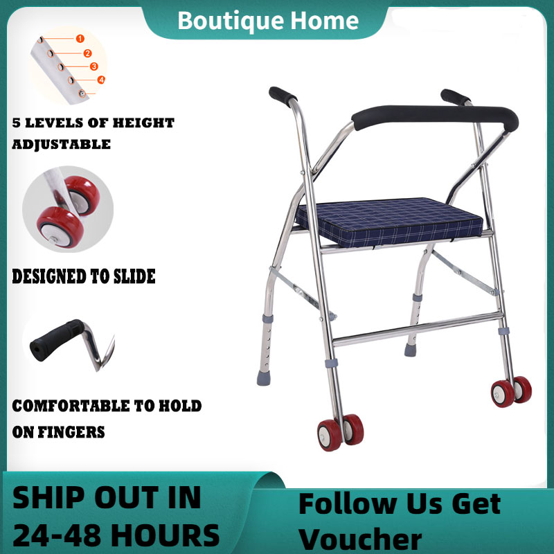 Foldable Stainless Steel Wheeled Walker With Seat Double Wheel Wheel ...