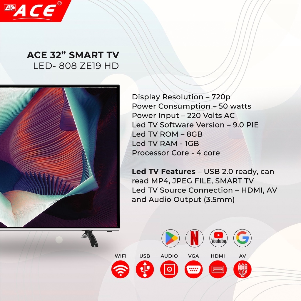 ACE 32 Slim HD Smart TV Black LED-808 ZE19 Android 9.0 with Bracket ...
