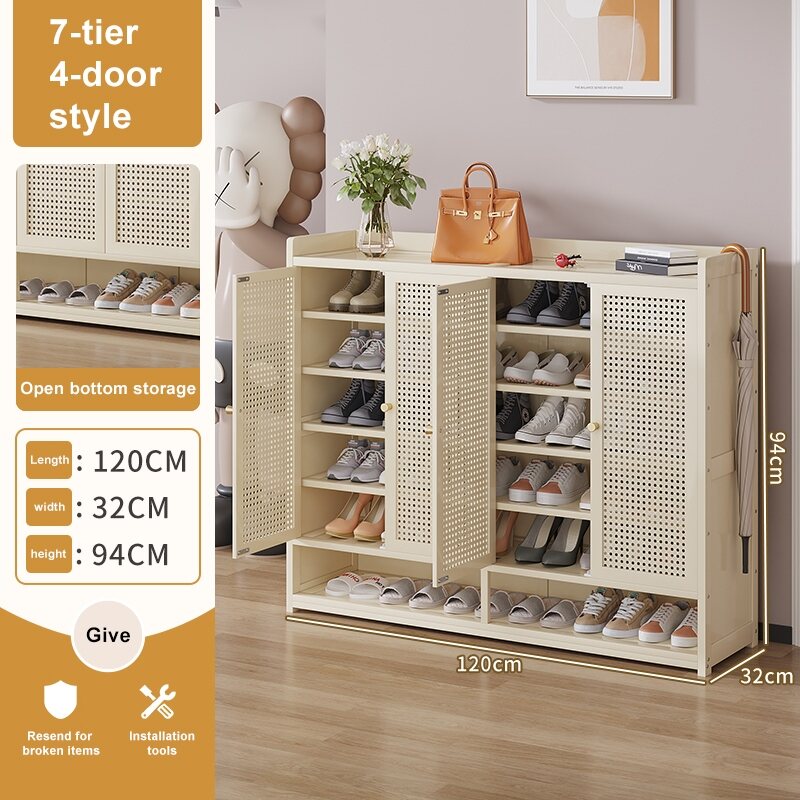 Multi-Layer Shoe Cabinet Rattan Door / Large Capacity Shoe Rack French ...