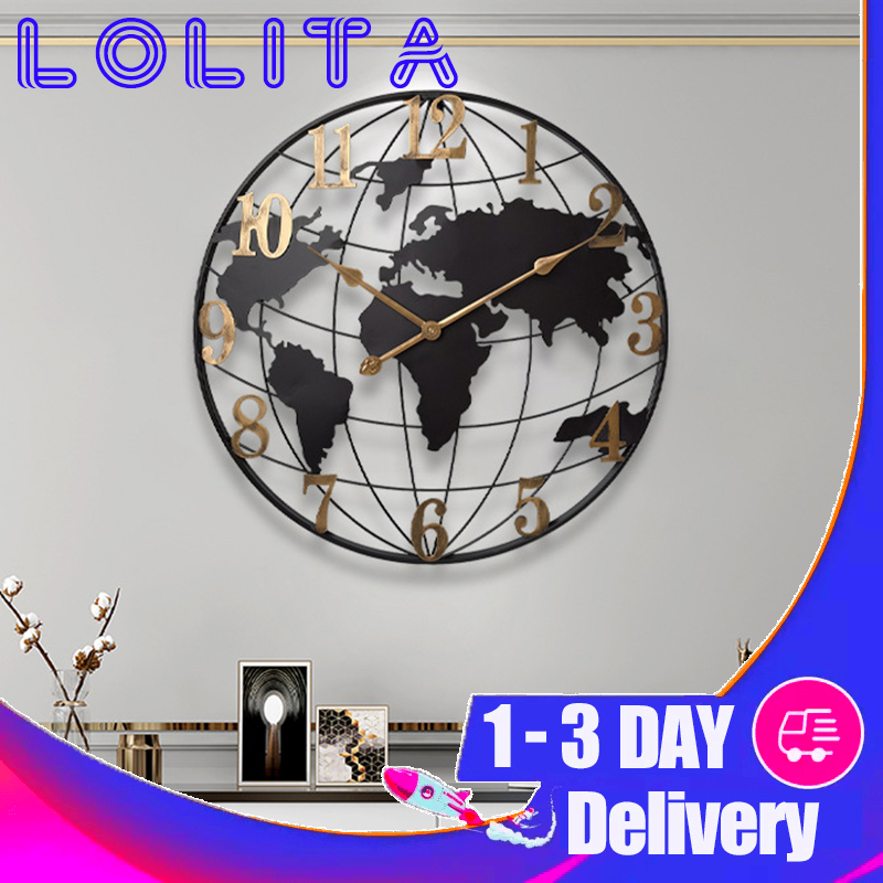 LOLITA 60cm Fashion Creative World Map Decorative Clock Iron 3D Map ...