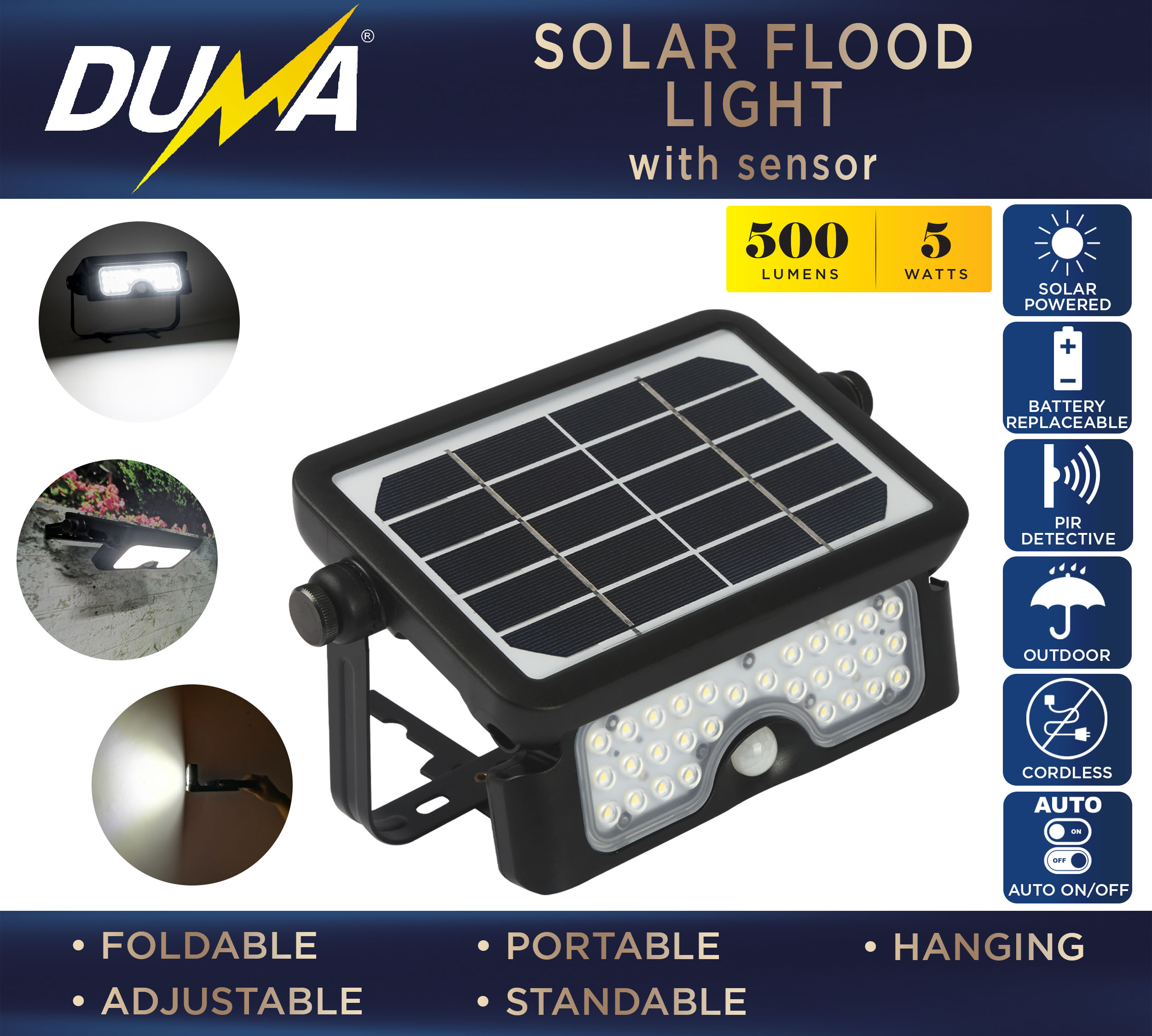 SOLAR LED FLOOD LIGHT WITH SENSOR 5 Watts Foldable, Adjustable ...