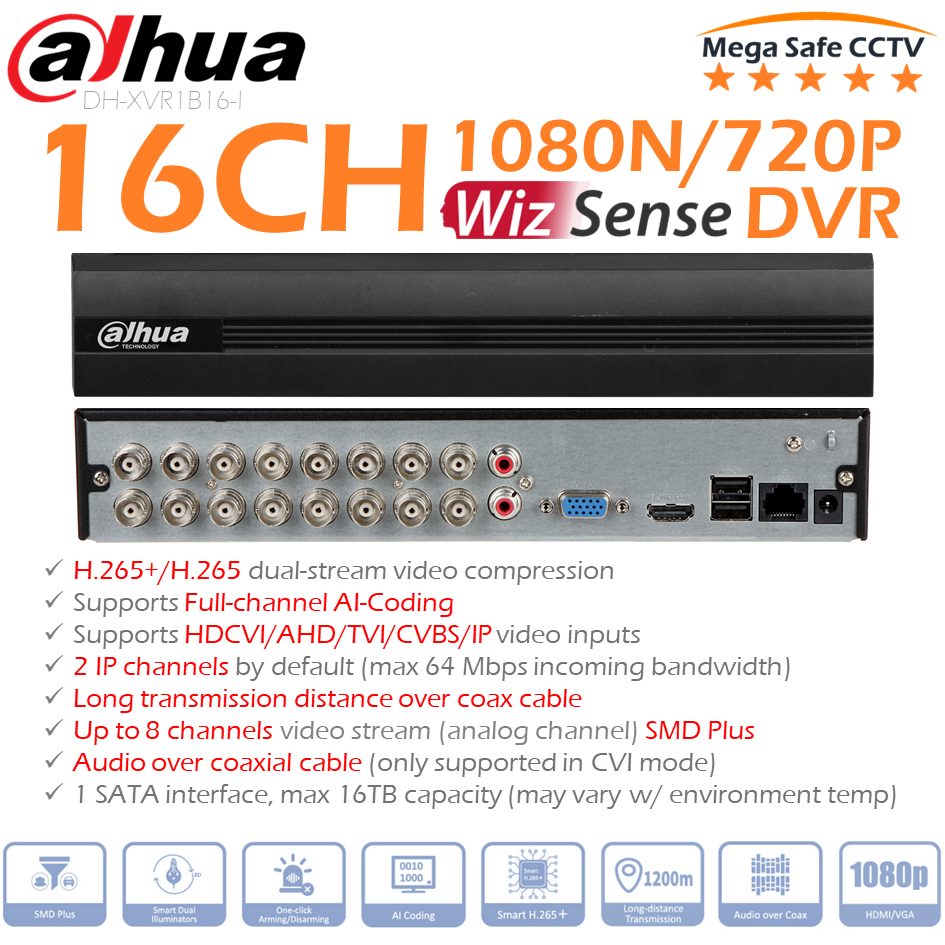 Dahua DH-XVR1B16-I 16-Channel 1080p H.265 Pentabrid Wizsense DVR, 1 ...