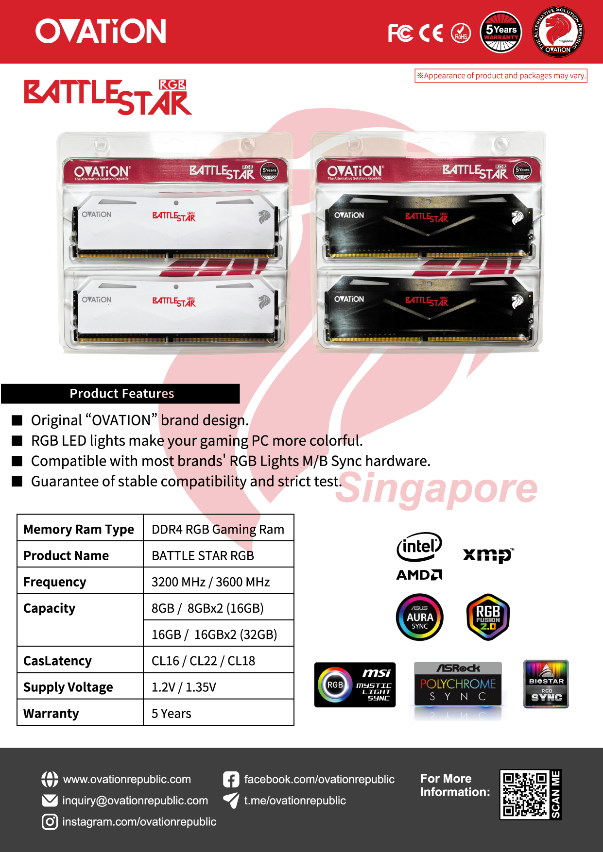 OVATION BATTLESTAR RGB LED DDR4 3200MH/3600MHZ W/ HEATSINK MEMORY FOR ...