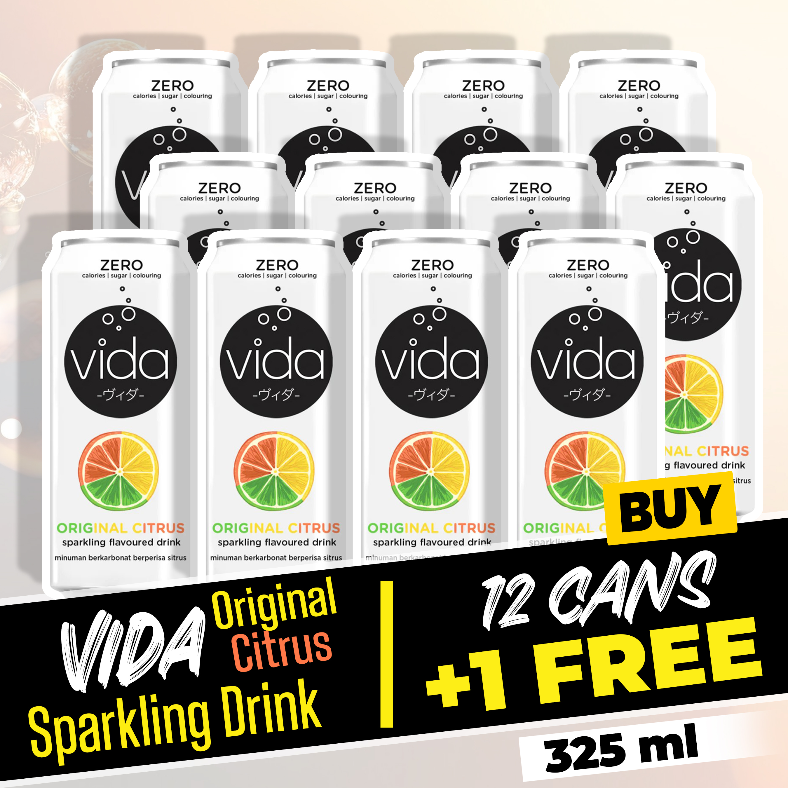 Vida Original Citrus Sparkling Flavoured Drink 325ml 12 Can Plus 1 ...