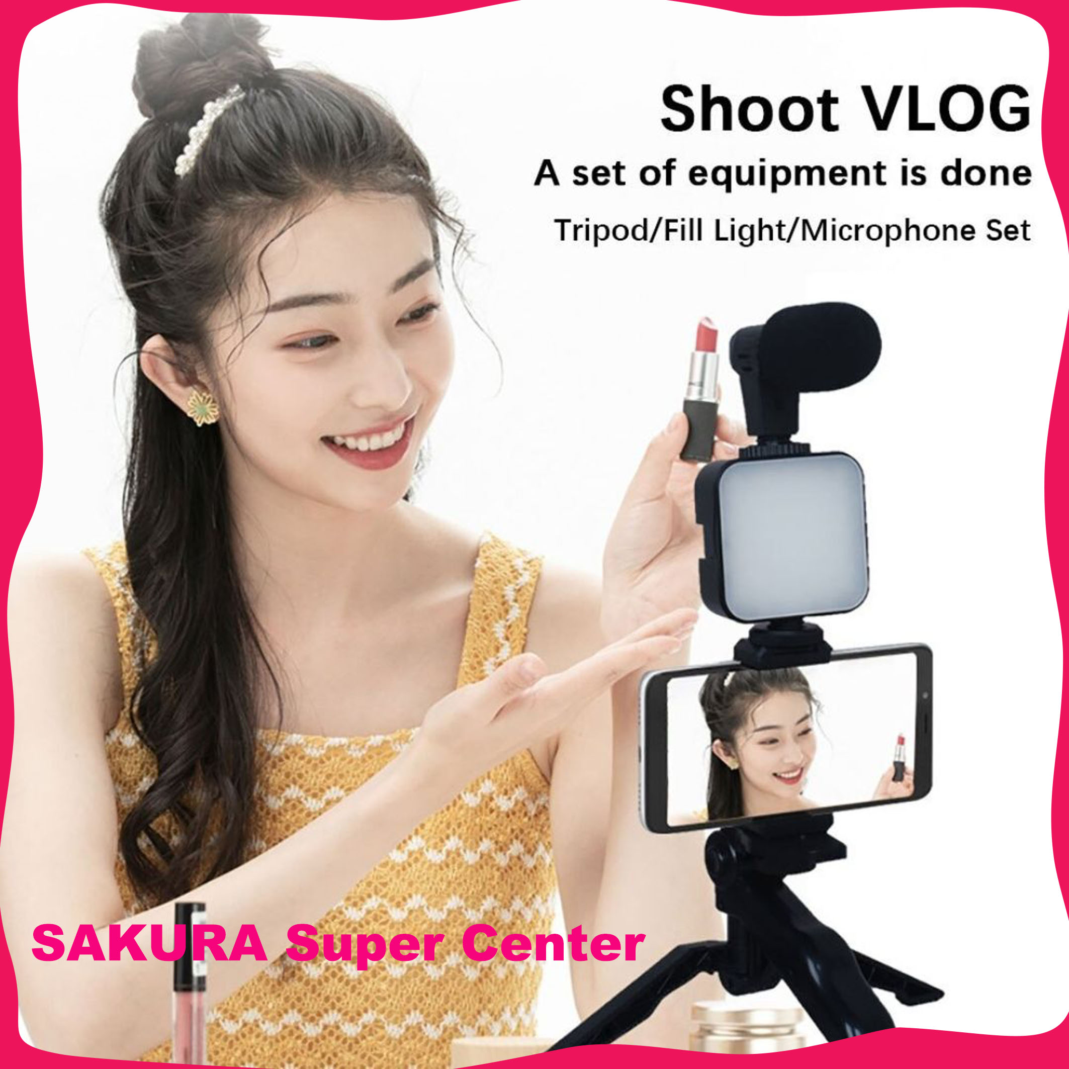 SAKURA Video Making Kit Video Vlogger Kits Microphone LED Fill Light Mini Tripod For Phone Vlog ...
