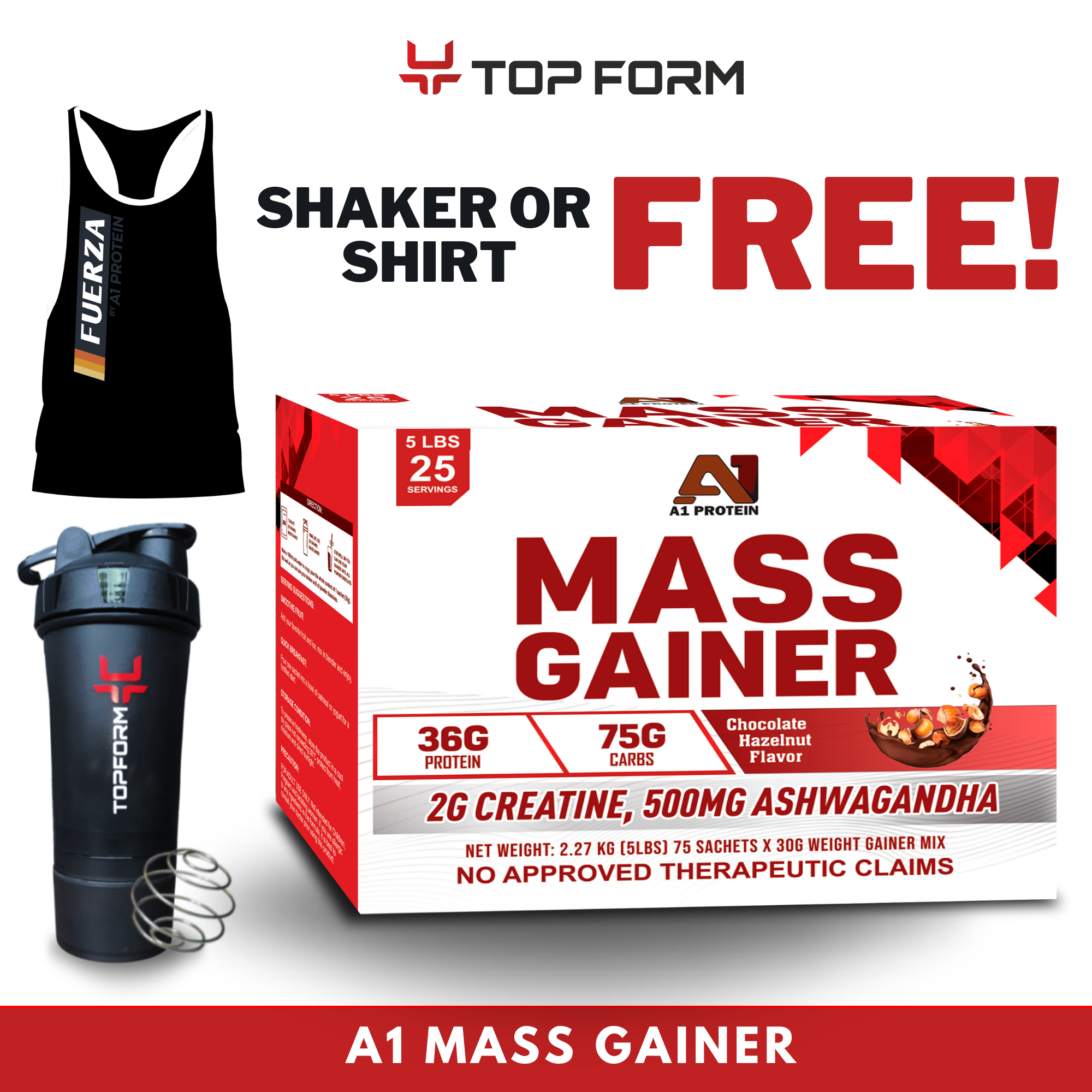 A1 PROTEIN Mass Gainer 5LBS ( 2270g ) -75 sachets with shirt or shaker ...