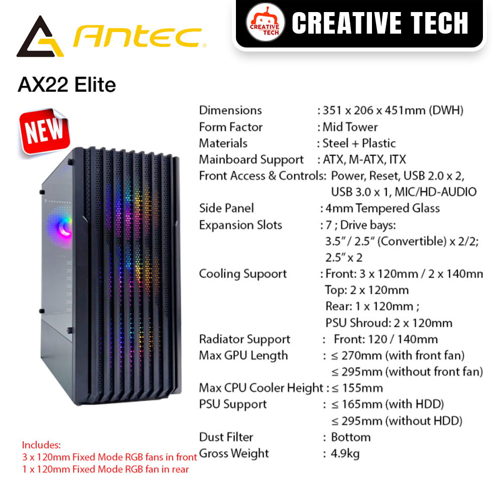 Antec AX22 Elite RGB Mid Tower Black (Tempered Glass Window) ATX Gaming ...