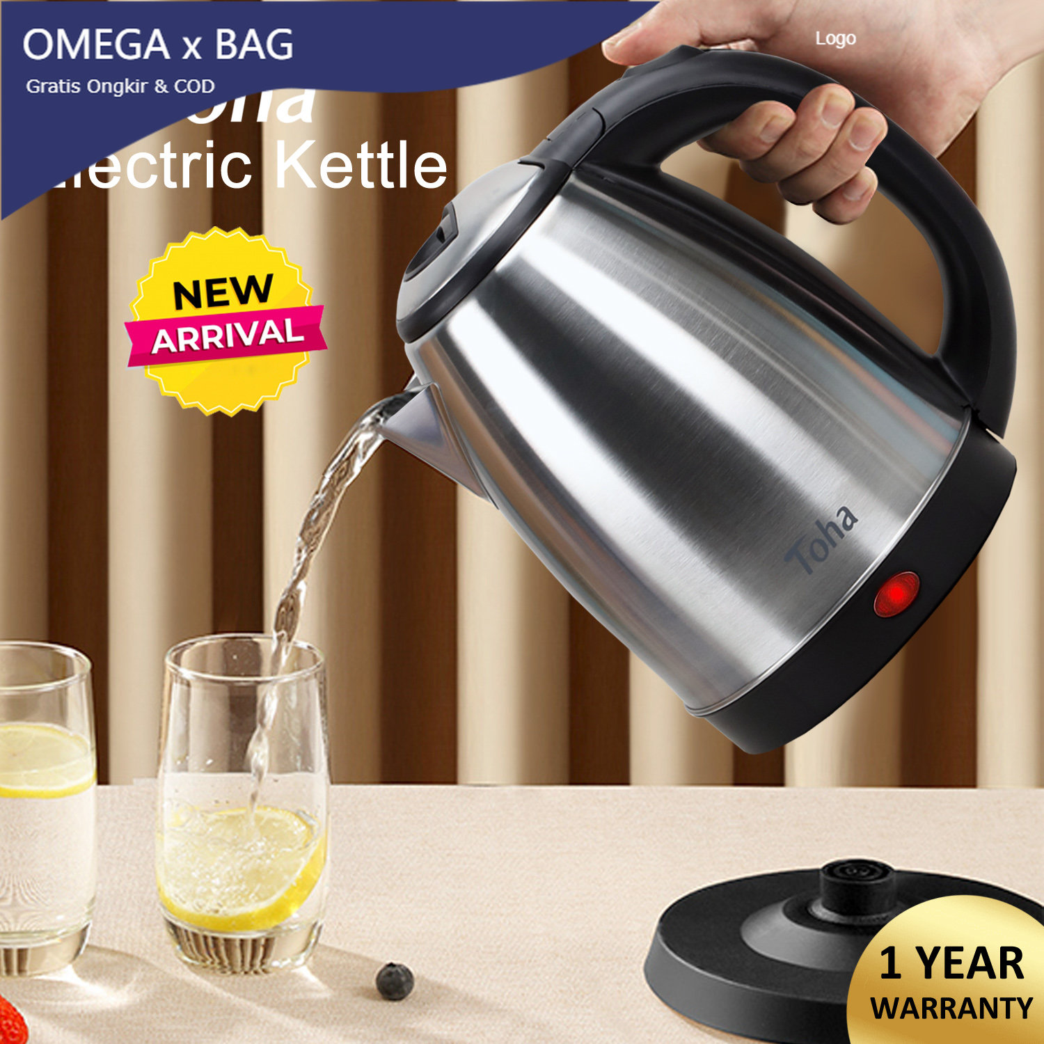 OMEGA Electric Kettle Toha 1.8L Heat Resistant Handle Stainless Steel ...