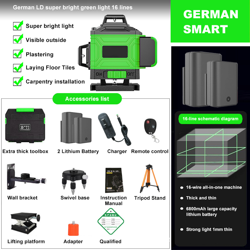 Original 12/16 Line Laser Level Green Light Self-Leveling 360° Rotary ...