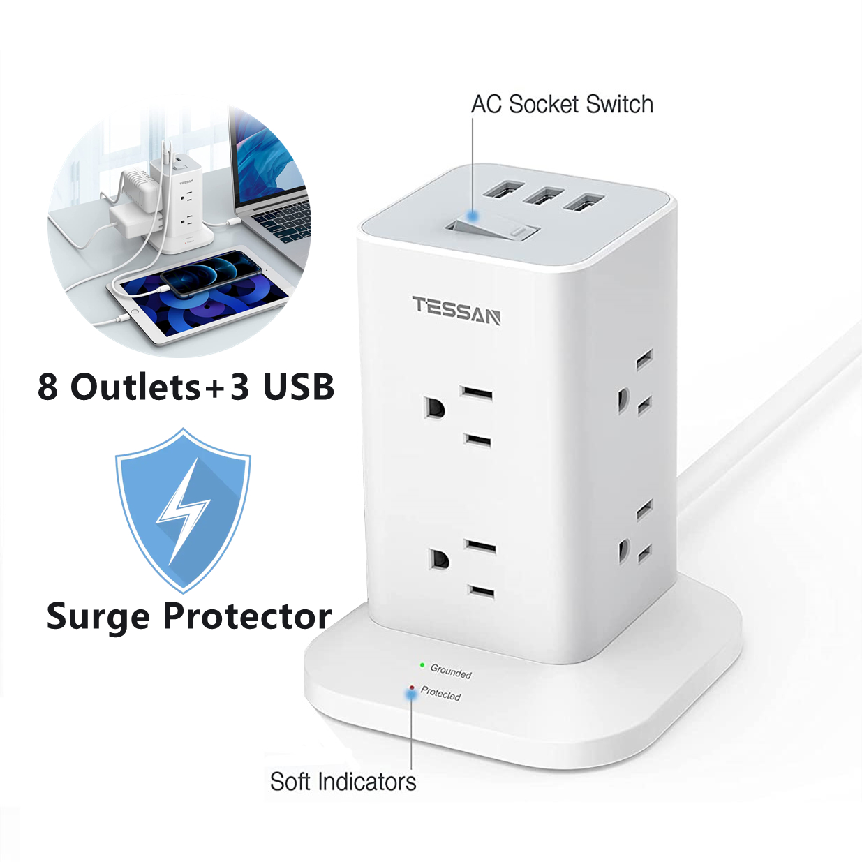 TESSAN Surge Protector Power Strip Vertical Tower with 3 USB and 8 ...