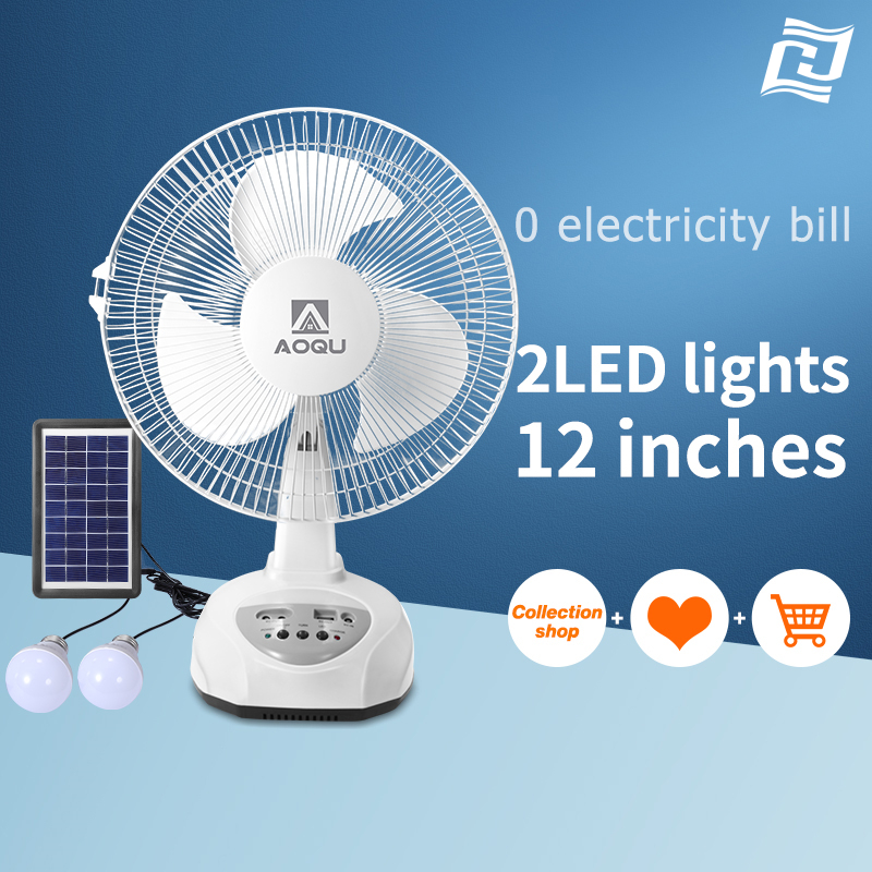 Solar electric fan 12 inch rechargeable 2 LED lights 220V AC desktop ...
