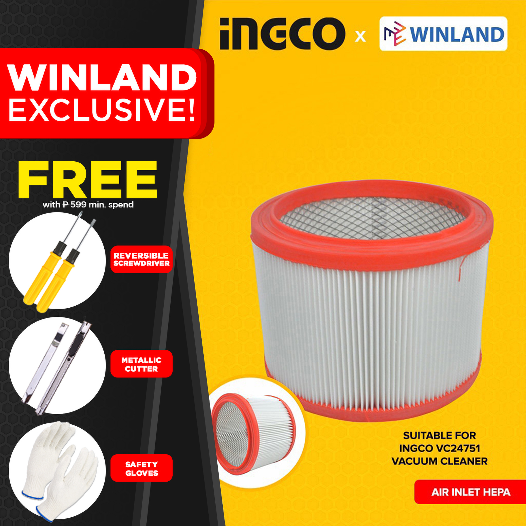 INGCO by Winland Air-inlet HEPA for Vacuum Cleaner For Home VCAIHP03 ...