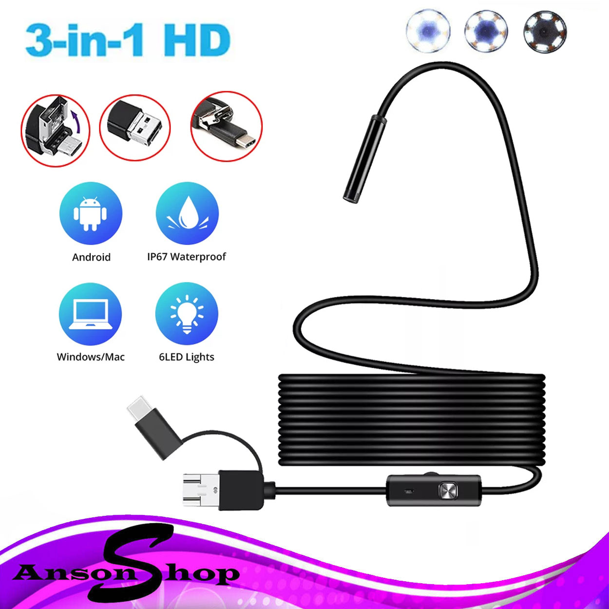 3 in 1 USB Endoscope 3.5M Soft Wire Waterproof Endoscope Industrial ...