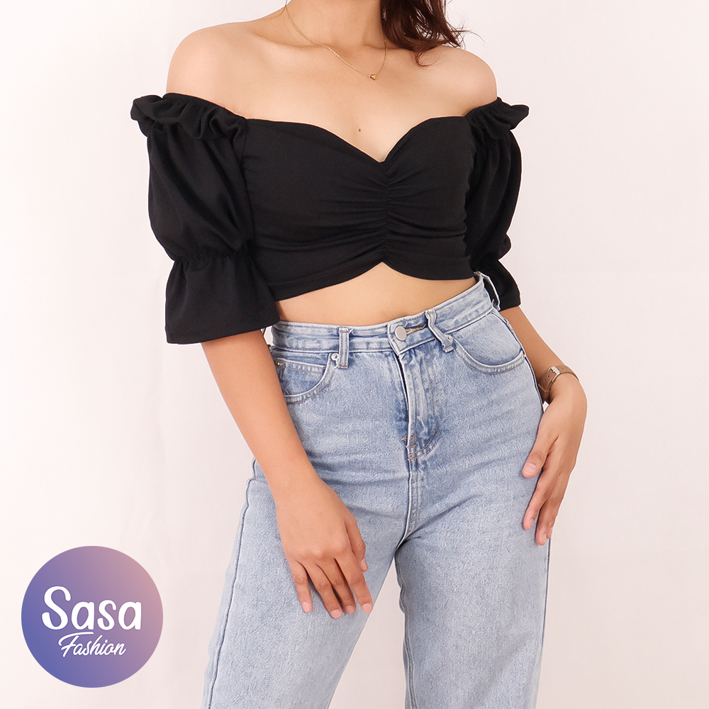 SASA Filipiniana V Neck Crop Top Puff Sleeve Blouse Tops MEDINA | Lazada PH