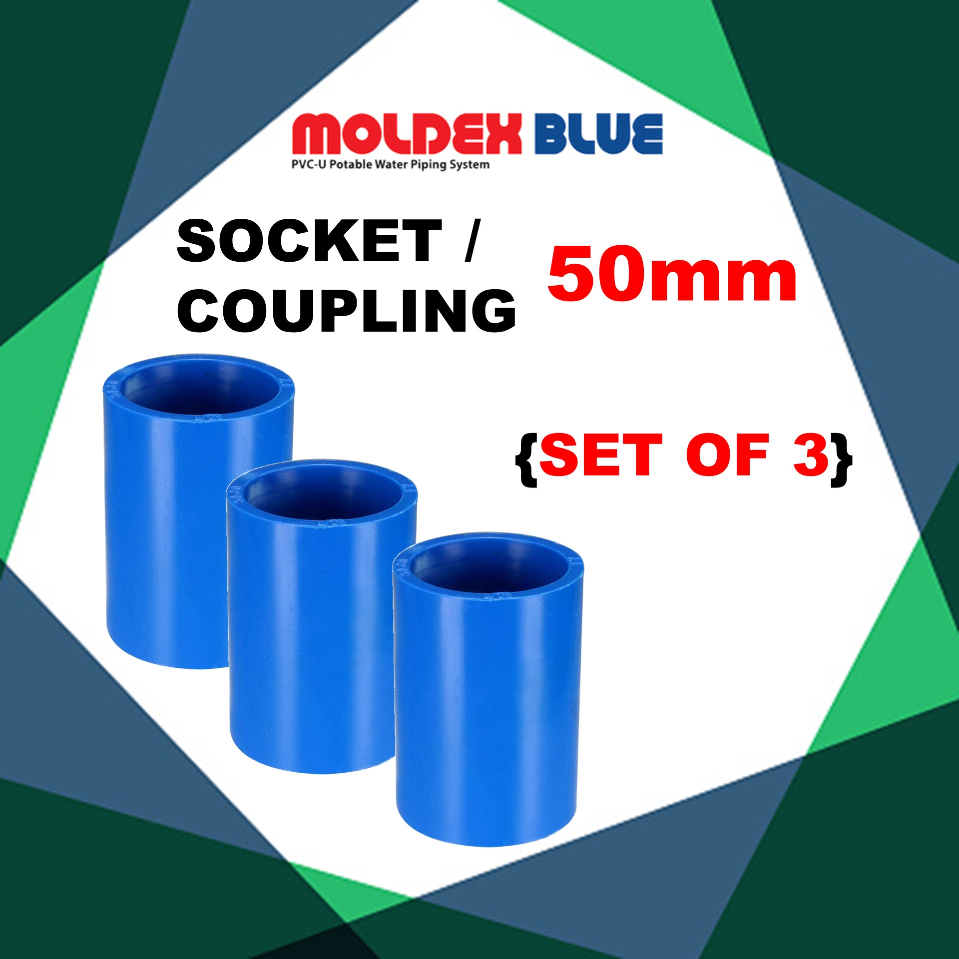 50mm (3pcs) PVC SOCKET / COUPLING MOLDEX BLUE PVC-U POTABLE WATER ...