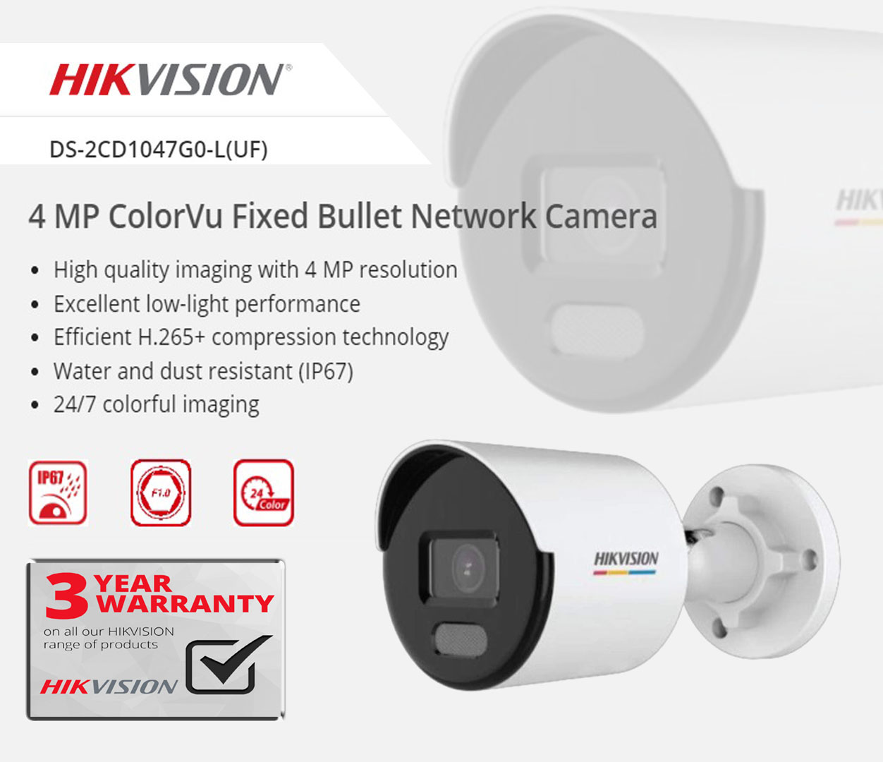 4 MP ColorVu Fixed Bullet Network Camera DS-2CD1047G0-LUF | Lazada PH