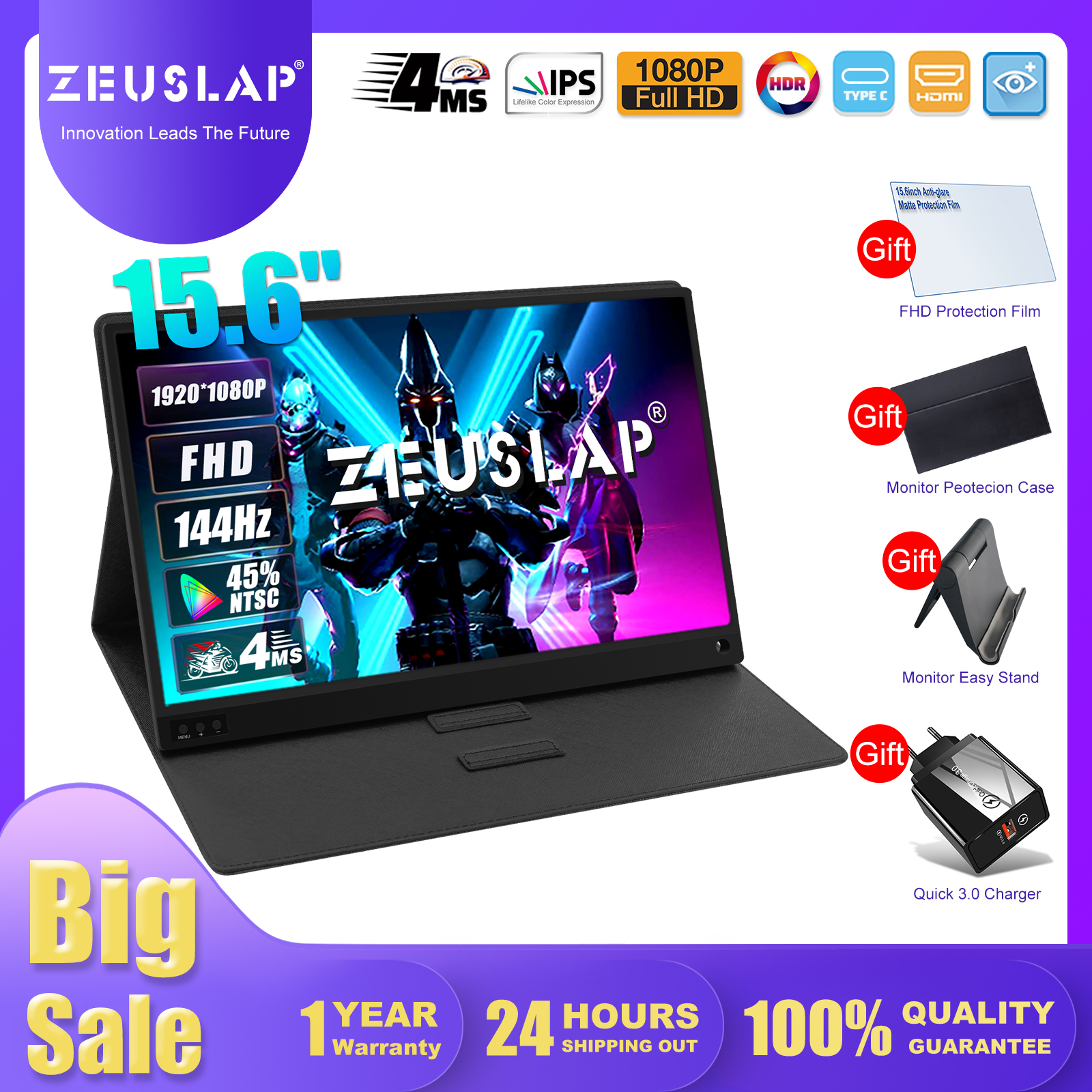 ZEUSLAP Portable Monitor 15.6" 60hz 120hz 144hz 100% sRGB 1920*1080P ...