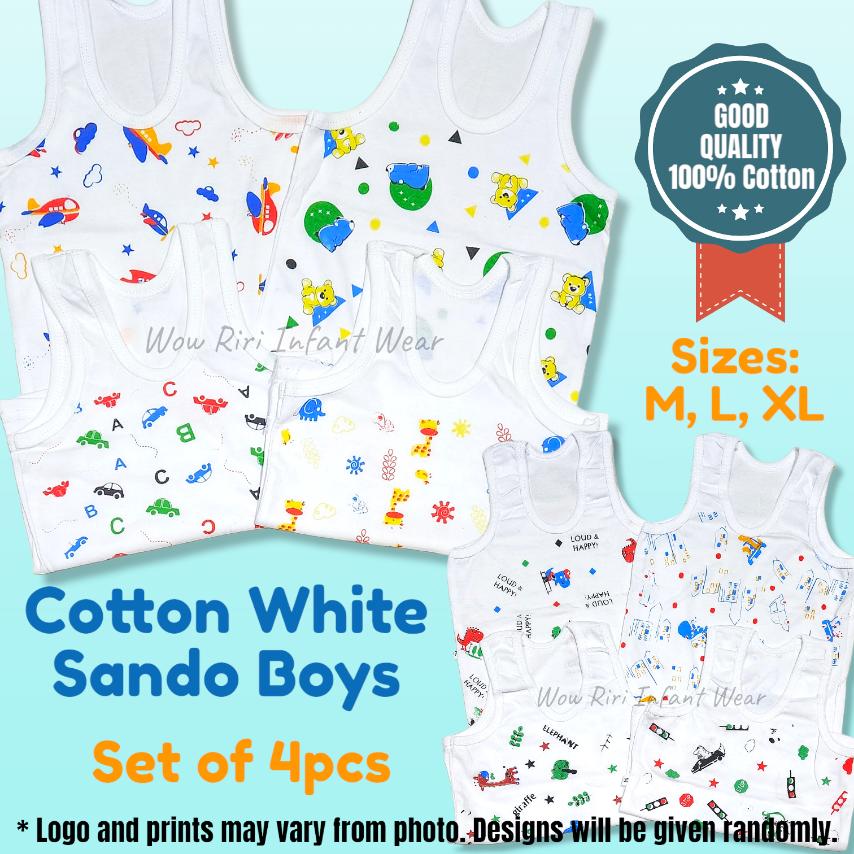 4 pieces White Cotton Sando for Baby Boy Cute Character Logo Sleeveless ...