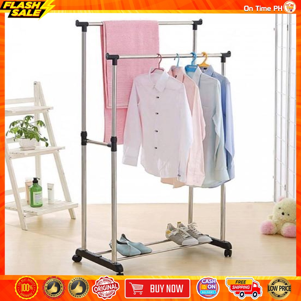 Original Adjustable Double Rail Garment Rack With Shoes Shelf on Wheels ...