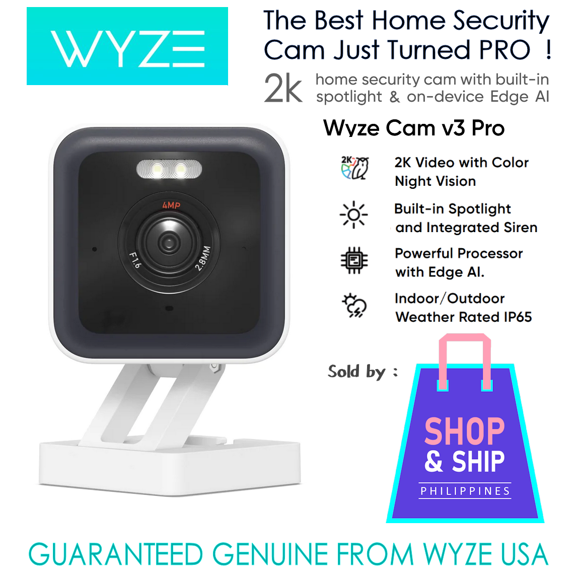 Wyze Cam V3 PRO 2K home security cam with a built-in spotlight and on ...
