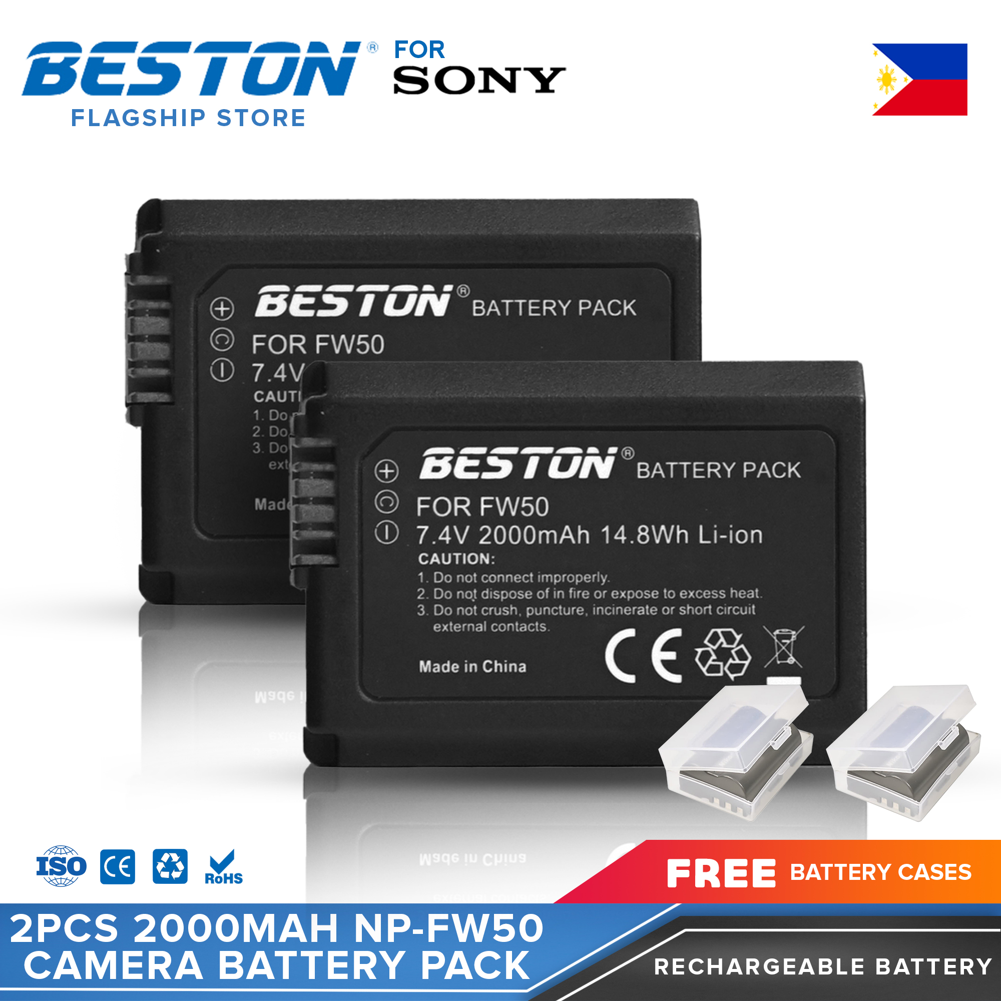 BESTON 2PCS NP-FW50 7.4V 2000mAh 14.8Wh Li-ion Camera Battery for Sony ...