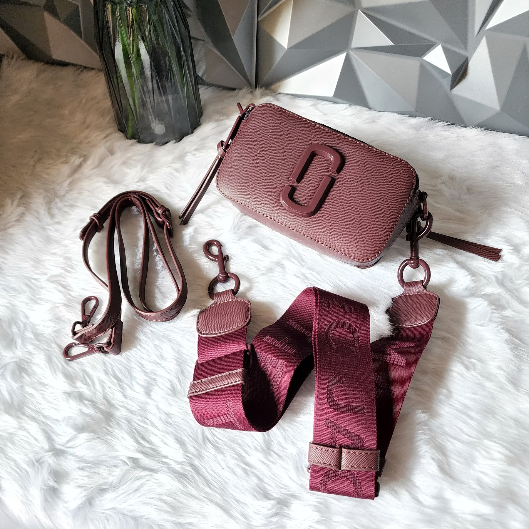 M.J DTM Ceramic Logo in Plain Maroon Saffiano Leather Camera Bag wtih 2 ...