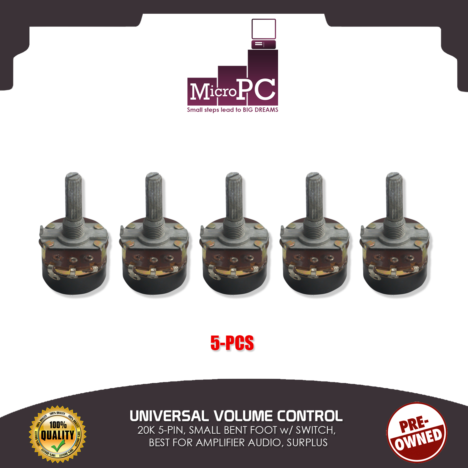 UNIVERSAL VOLUME CONTROL 20K 5-PIN, SMALL BENT FOOT w/ SWITCH, BEST FOR ...