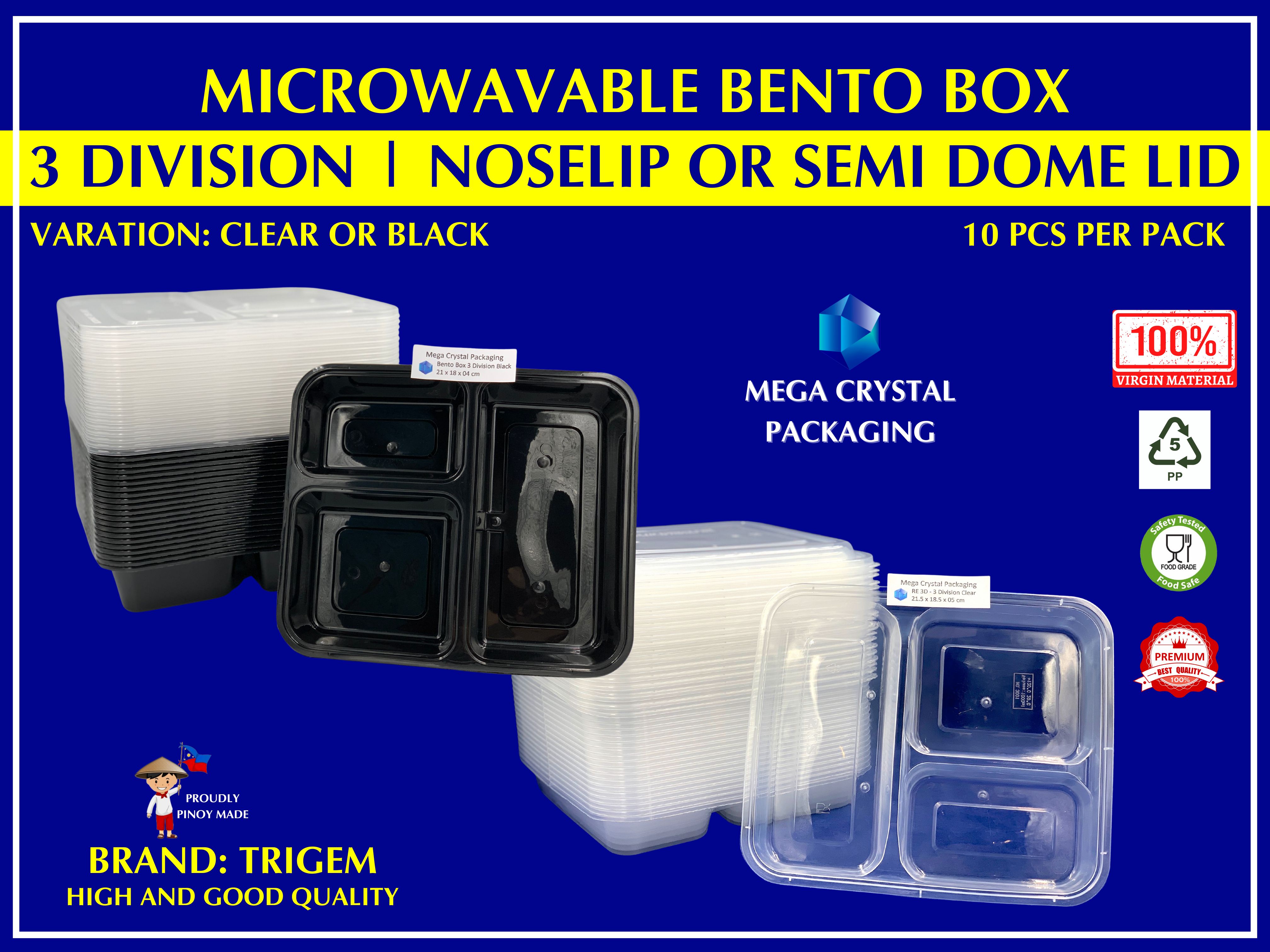 [ 10 Pcs ] Microwavable Container 3 Division CLEAR / BLACK with Noselip ...