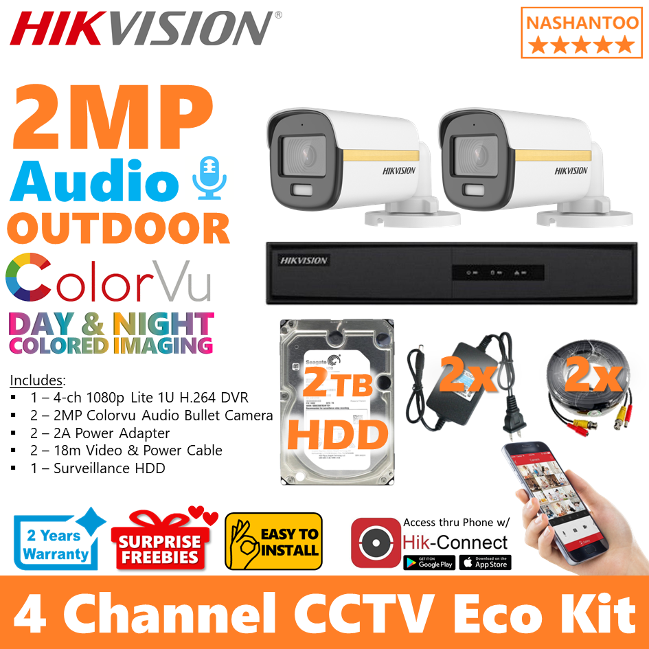 HIKVISION 4CH 2MP 2Cameras Outdoor Bullet ColorVU Audio Turbo HD 4CH DIY CCTV Package Kit ...