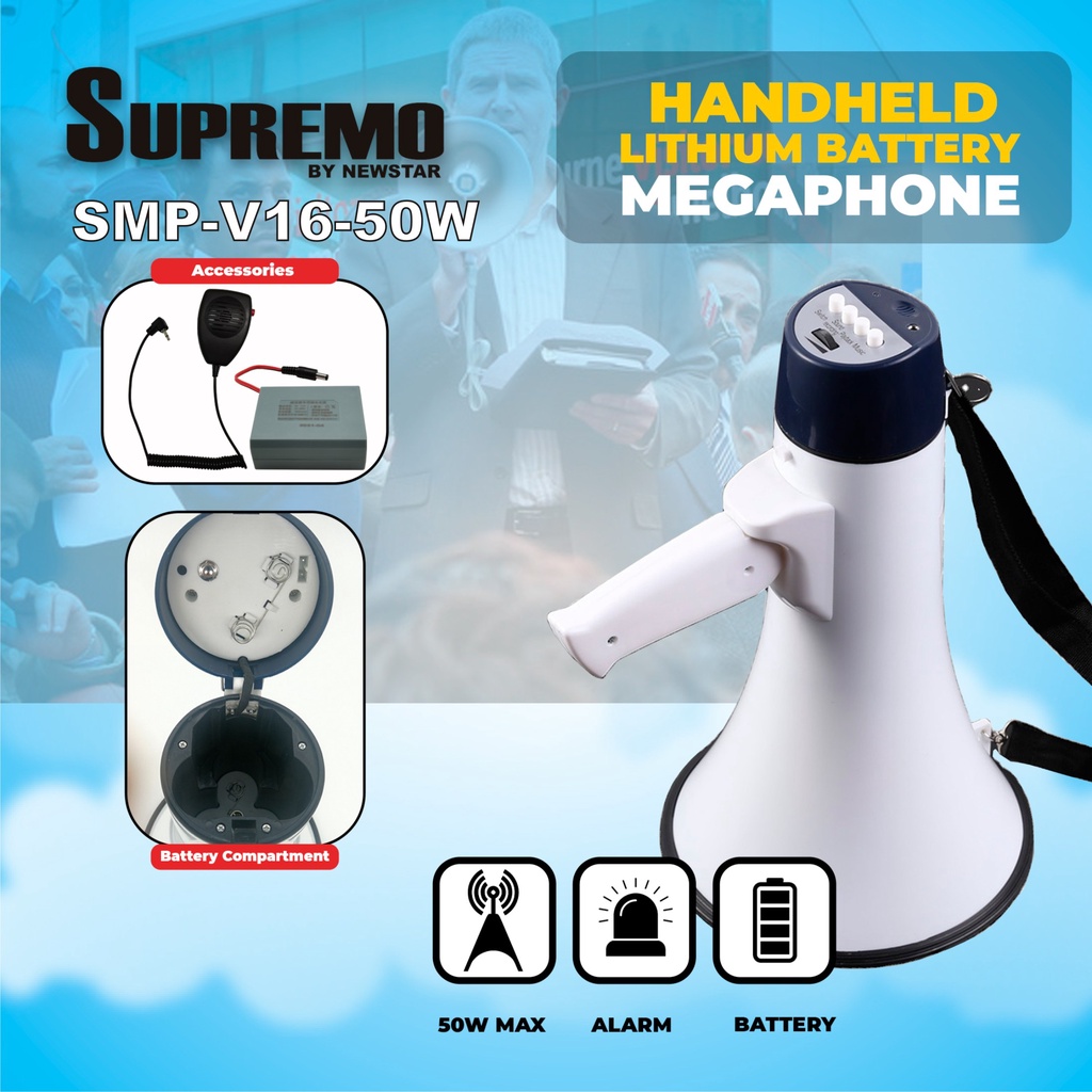 Supremo Handheld Megaphone with Microphone 50Watts SMP-V16-50W w/ Voice ...