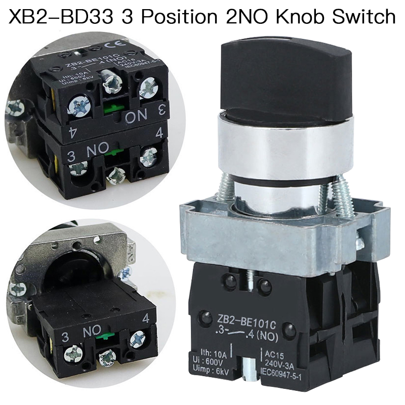 22mm XB2-BD33 3 Position 2NO Knob Switch 10A/415V Lock-in Selection Switch ZB2-BE101C Two Roads ...