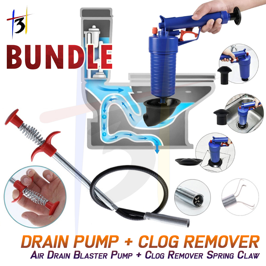(BUNDLE) Air Drain Blaster Pump Cleaner Pressure Plunger (Blue) WITH Clog Remover Hair Drain ...