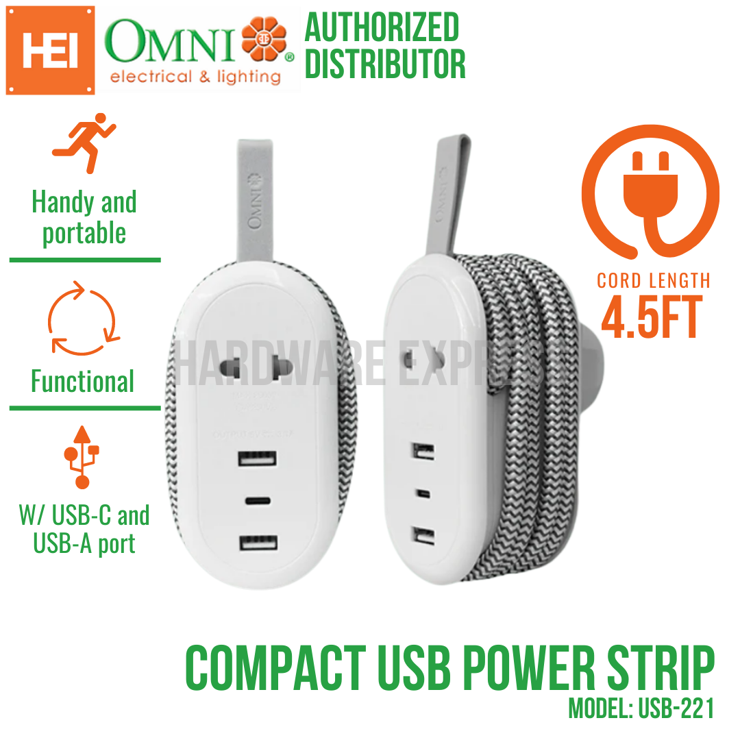 Omni 5in1 Compact USB Powerstrip Extension Cord USB-221 w/ USB-A, USB-C ...