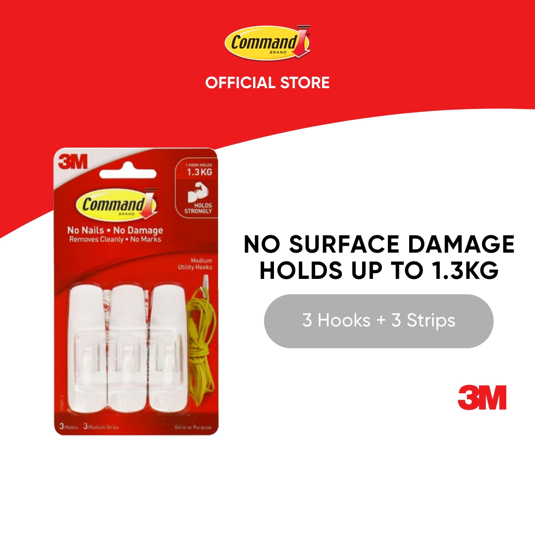 3M™ Command™ Medium Utility Hooks 17001-3, 3 Hooks + 3 Strips Holds up to 1.3kg | Lazada PH