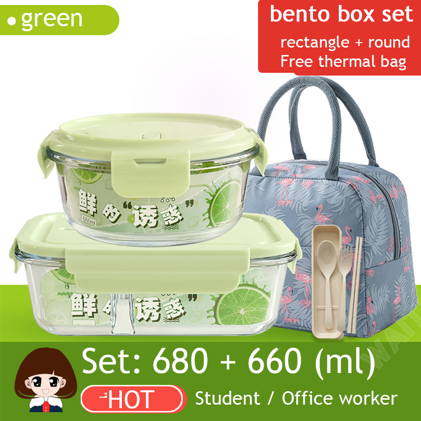 Microwave Usable Glass Lunch Box with Lid Set with Bag Pink Blue Green ...