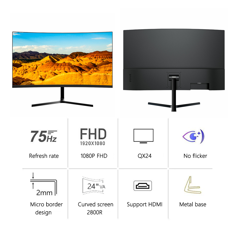 HUGON 24 Inch TFTLCD 1920×1080p Curved Screen Monitor PC 75Hz HD Gaming ...