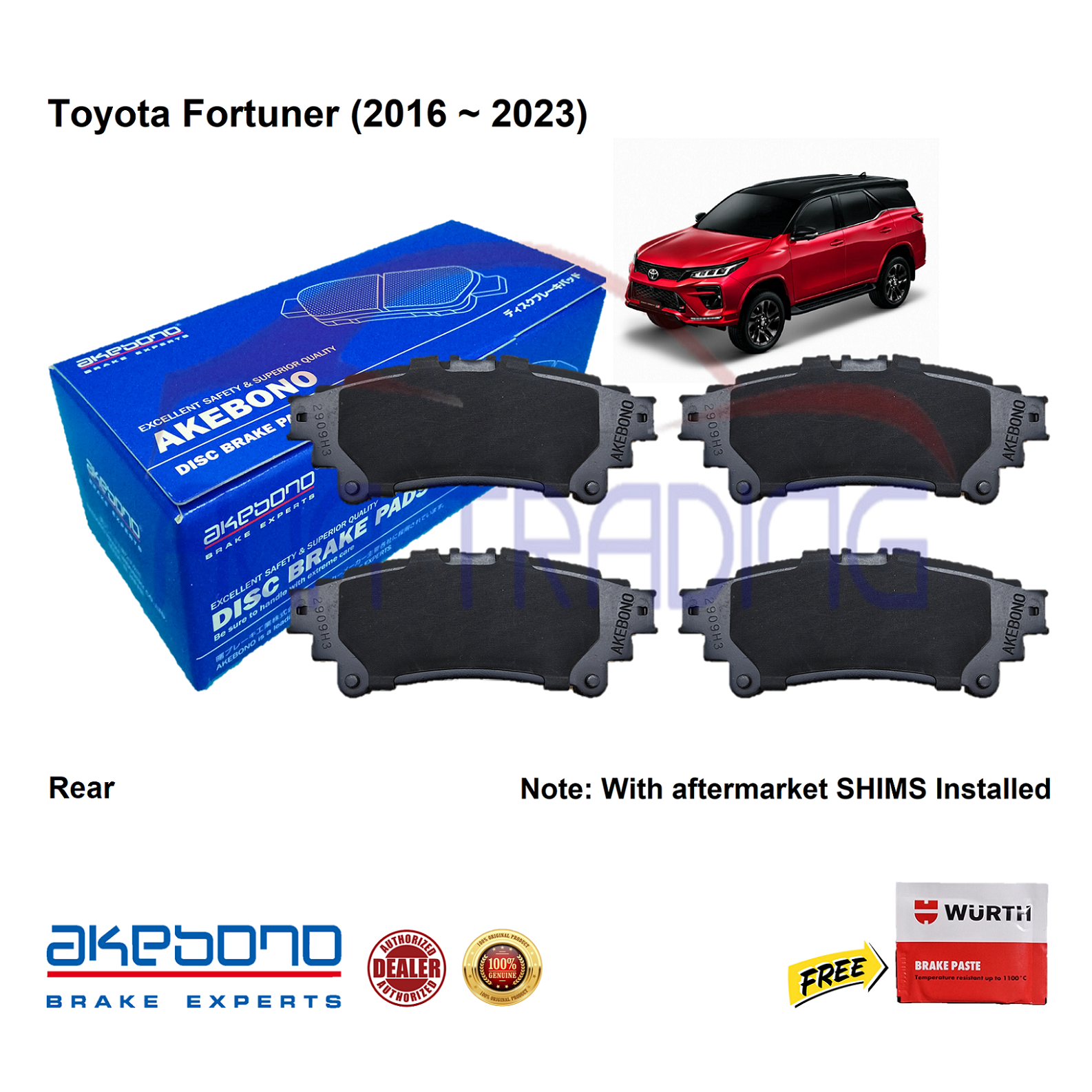 Genuine Akebono Rear Brake Pads for Toyota Fortuner (2016 - 2023) with ...