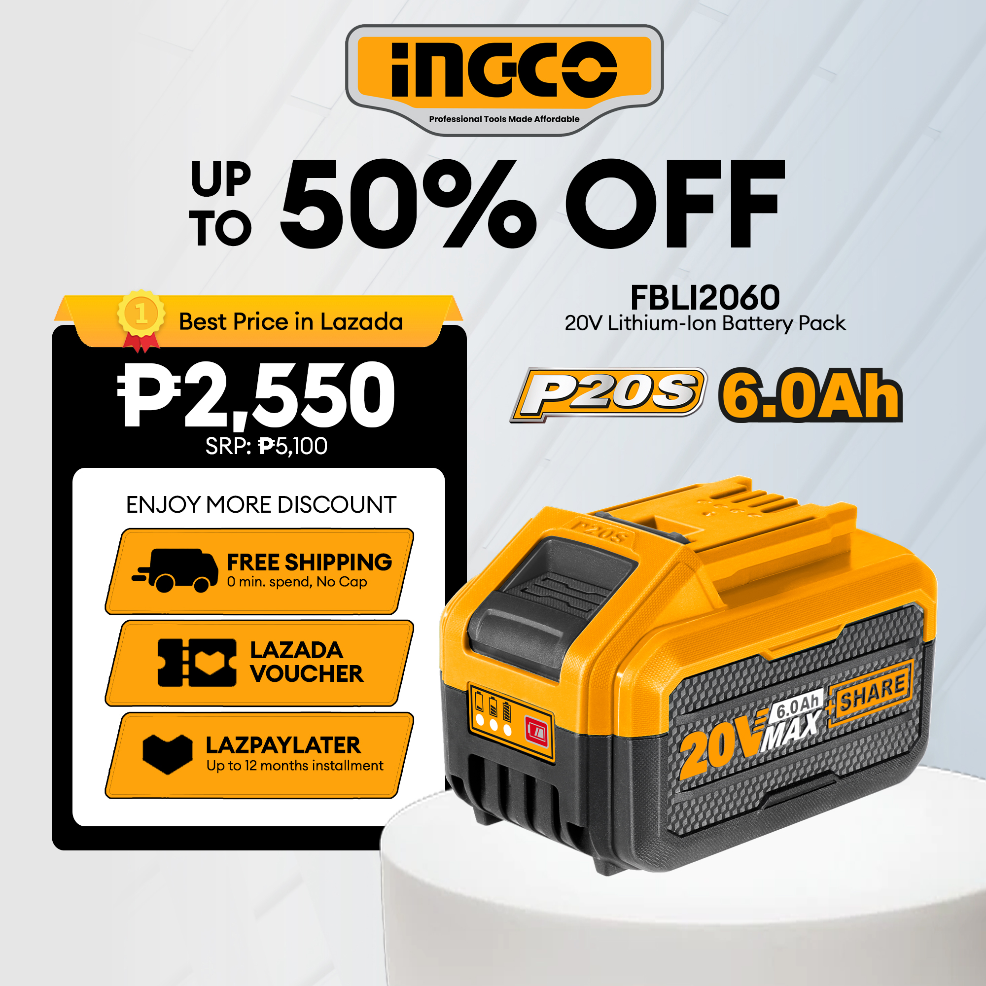 Ingco 20V Lithium-Ion Battery Pack 4.0AH -7.5Ah Rechargeable Cordless ...