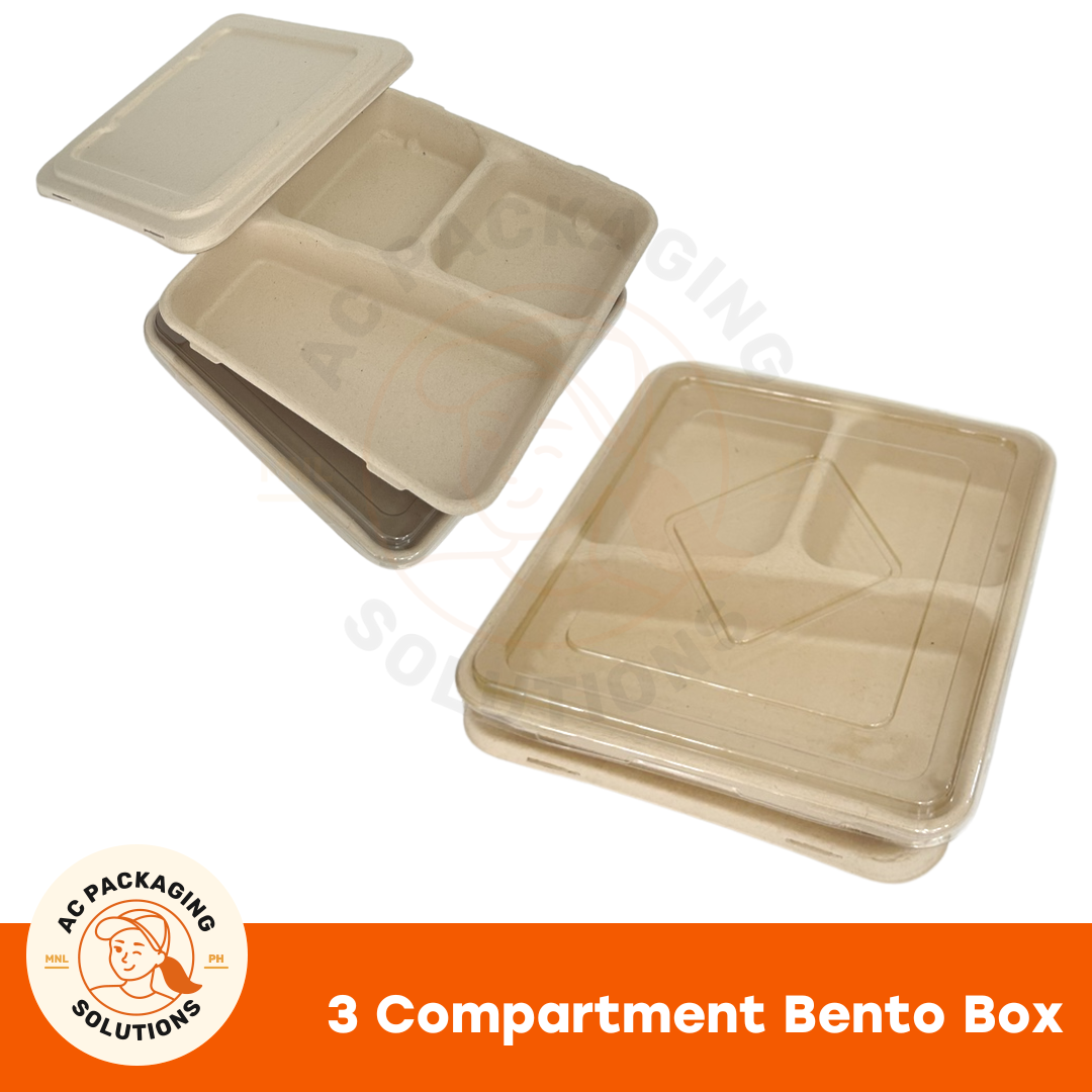 (10 pcs/50 pcs) Bento Meal Boxes 3 and 4 Compartment Sugarcane Bagasse ...
