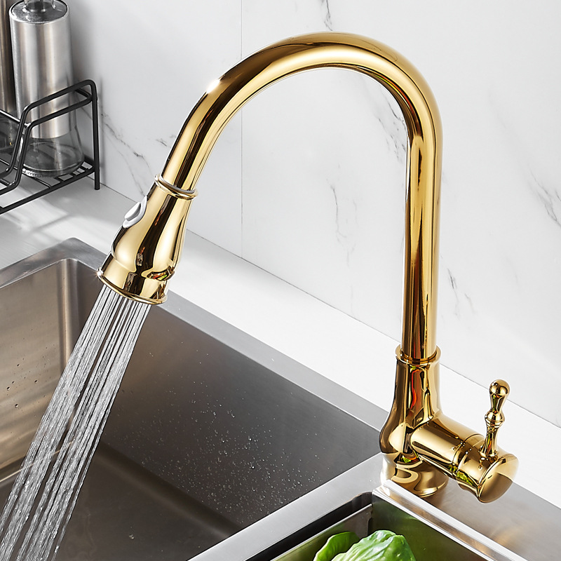 Gold Pull Out Faucets Kitchen Sink Tap Mixer Hot and Cold Water Faucet ...