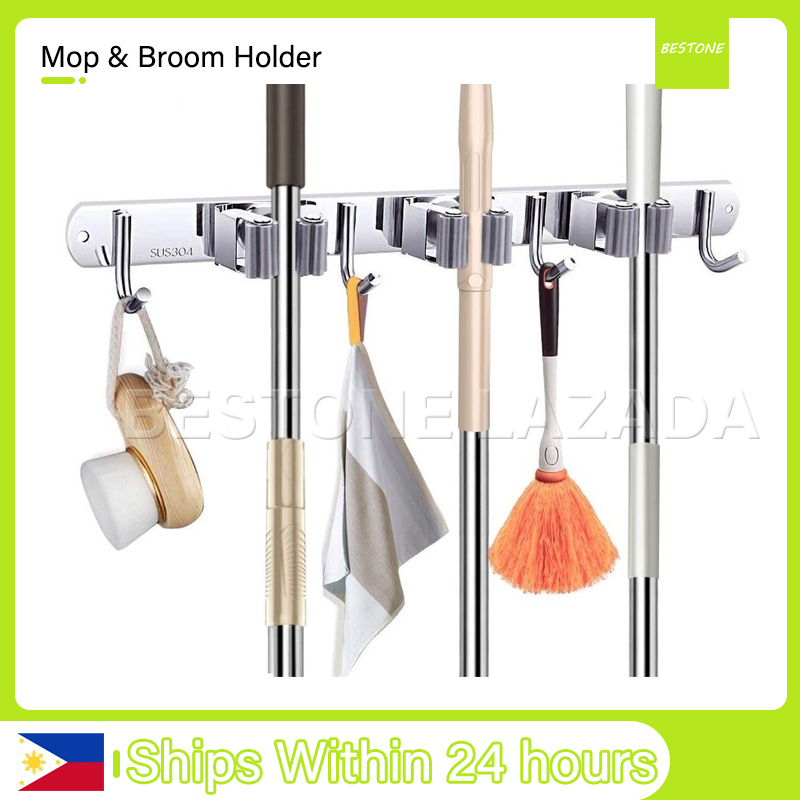Mop & Broom Holder Wall Mount Heavy Duty with 3 Racks 4 Hooks Mop and ...