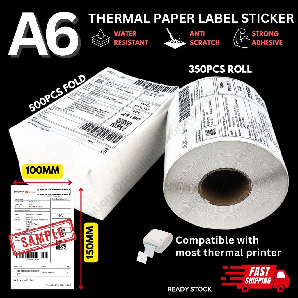 A6 Size Thermal Waybill Sticker 500pcs/250pcs 100mm x 150mm Fold Triple ...