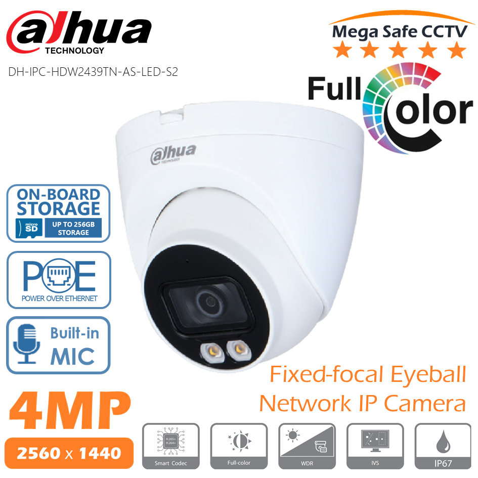 Dahua 4MP Lite Full Color H.265 PoE Eyeball Network IP Camera, Built-in Mic, IP67 Protection ...