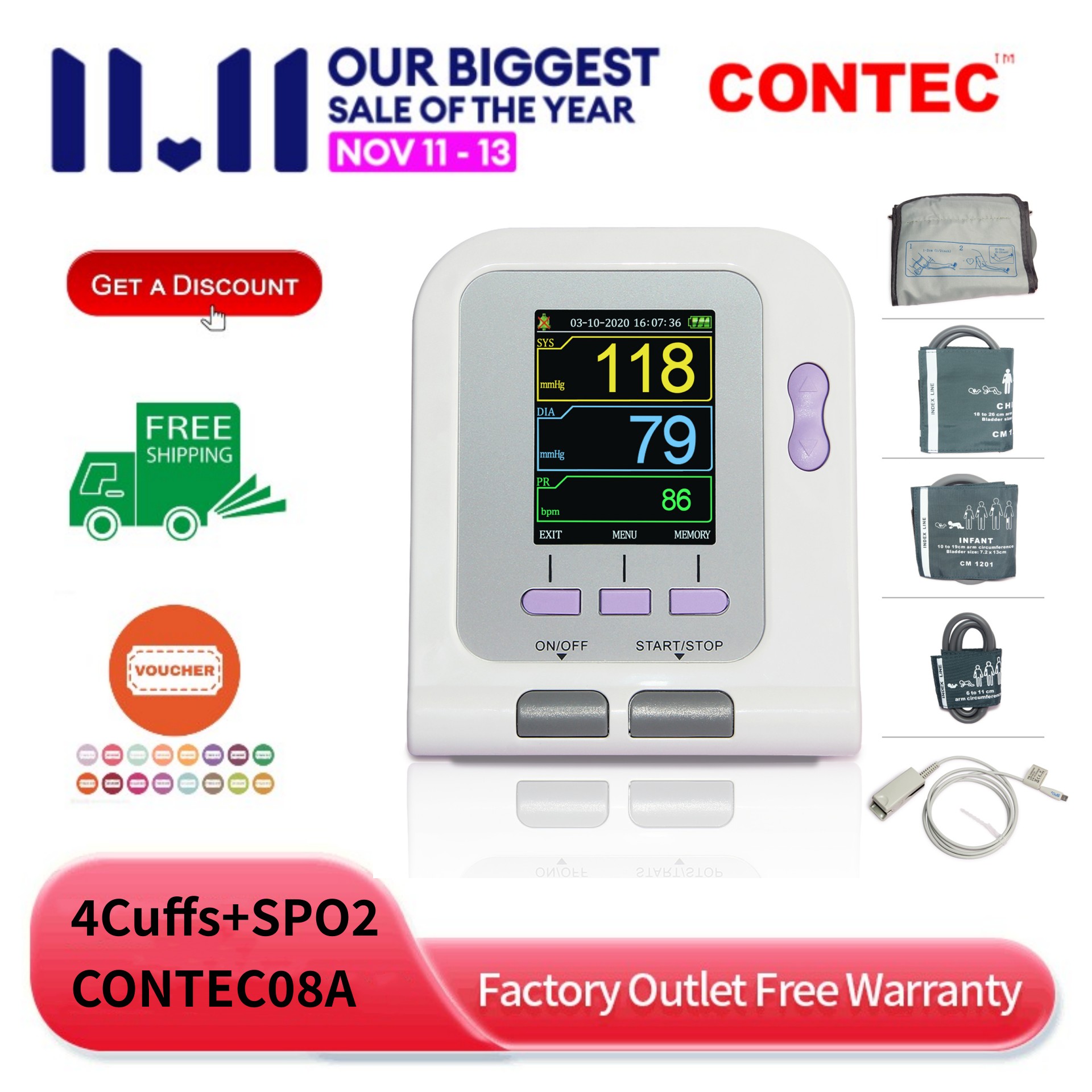 CONTEC CONTEC08A Upper Arm Digital Color LCD Blood Pressure Monitor ...